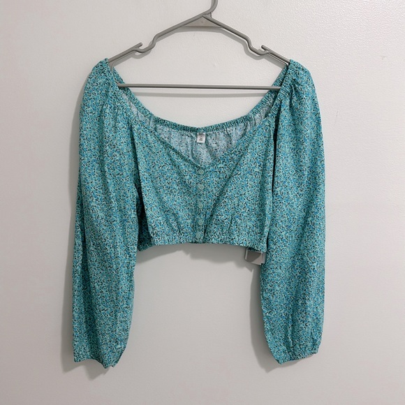bp | Tops | Nwt Bp Blue Floral Long Sleeve Linen Blend Cropped Top ...